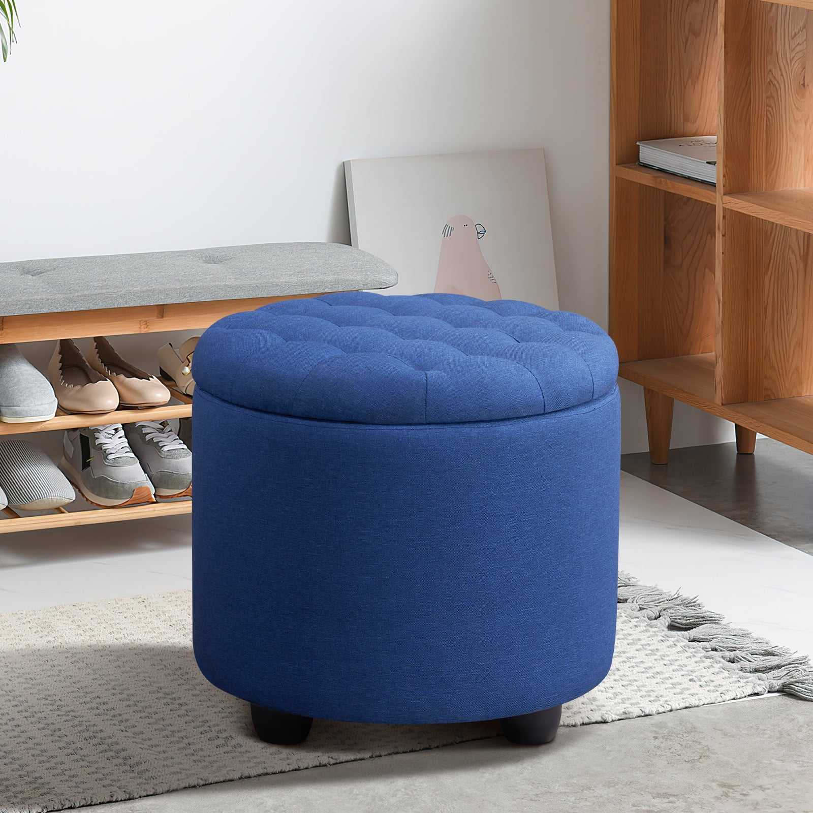 Furniliving Fabric Upholstered Large Round Storage Ottoman Linen Button ...