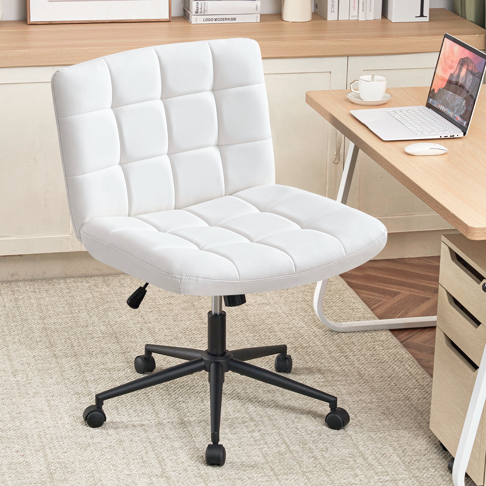 Furniliving Ivorywhite Swivel Office Chair, Armless Wide Seat, PU ...