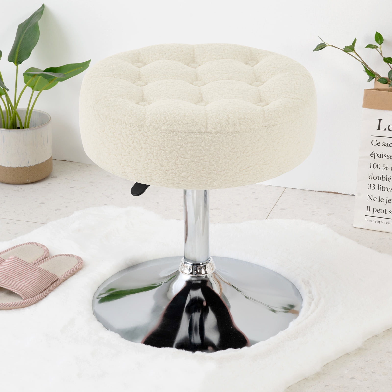 Furniliving Modern Vanity Stool, Sherpa Swivel Vanity Chair, Ottoman ...