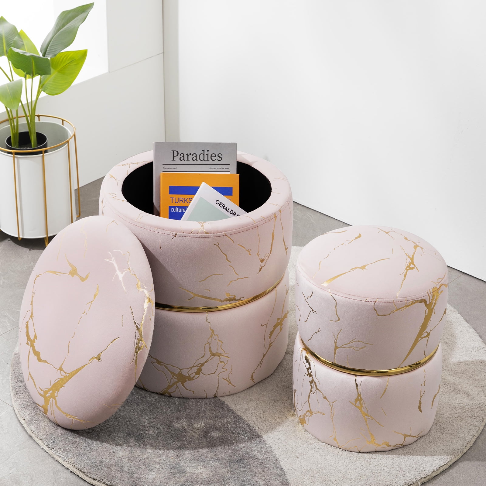 Furniliving Pink Velvet Round Storage Ottoman with Storage Footstool ...