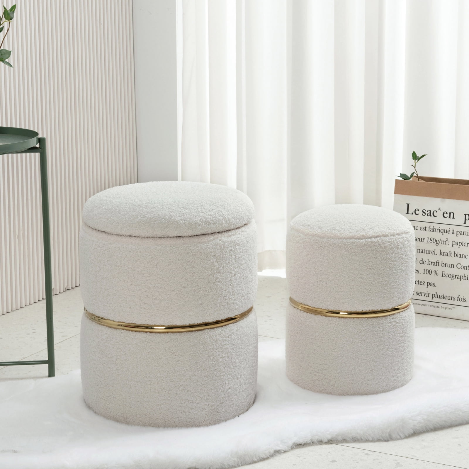 Furniliving 2-Pack Round Storage Ottoman Footrest, Solid Wood Frame ...