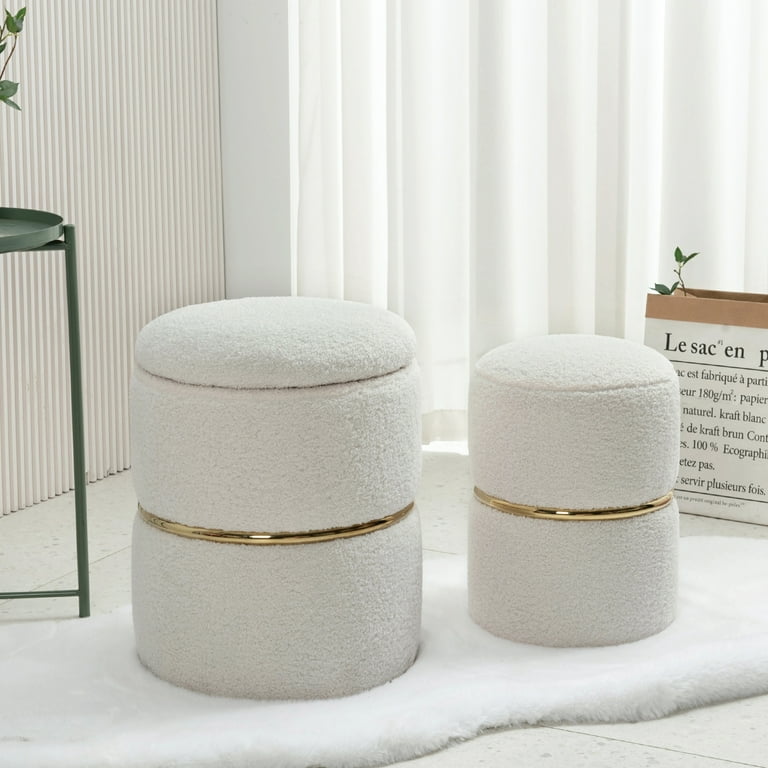 Furniliving Round Footstool Storage Ottoman Footrest Modern Upholstered Vanity Stool White Pack of 2
