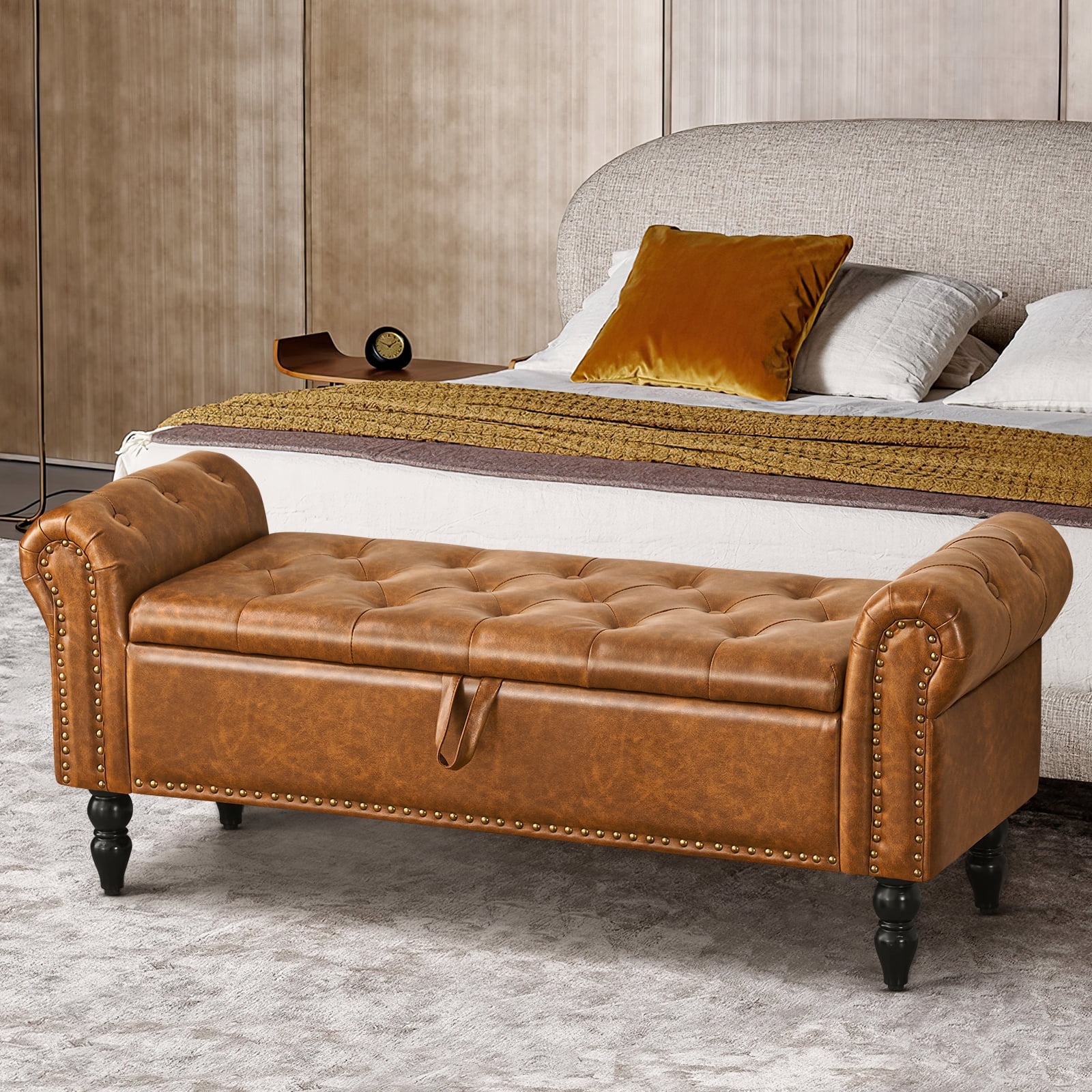 Furniliving Storage Ottoman Bench with Arms Button Tufted Large Bedroom ...