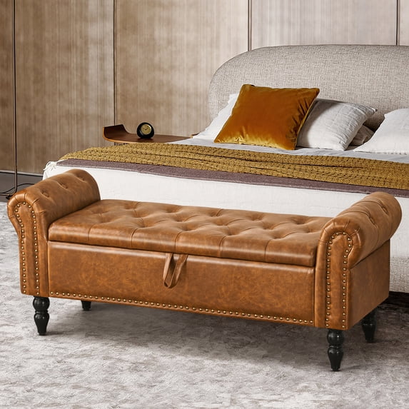 Furniliving Storage Ottoman Bench with Arms Button Tufted Large Bedroom ...