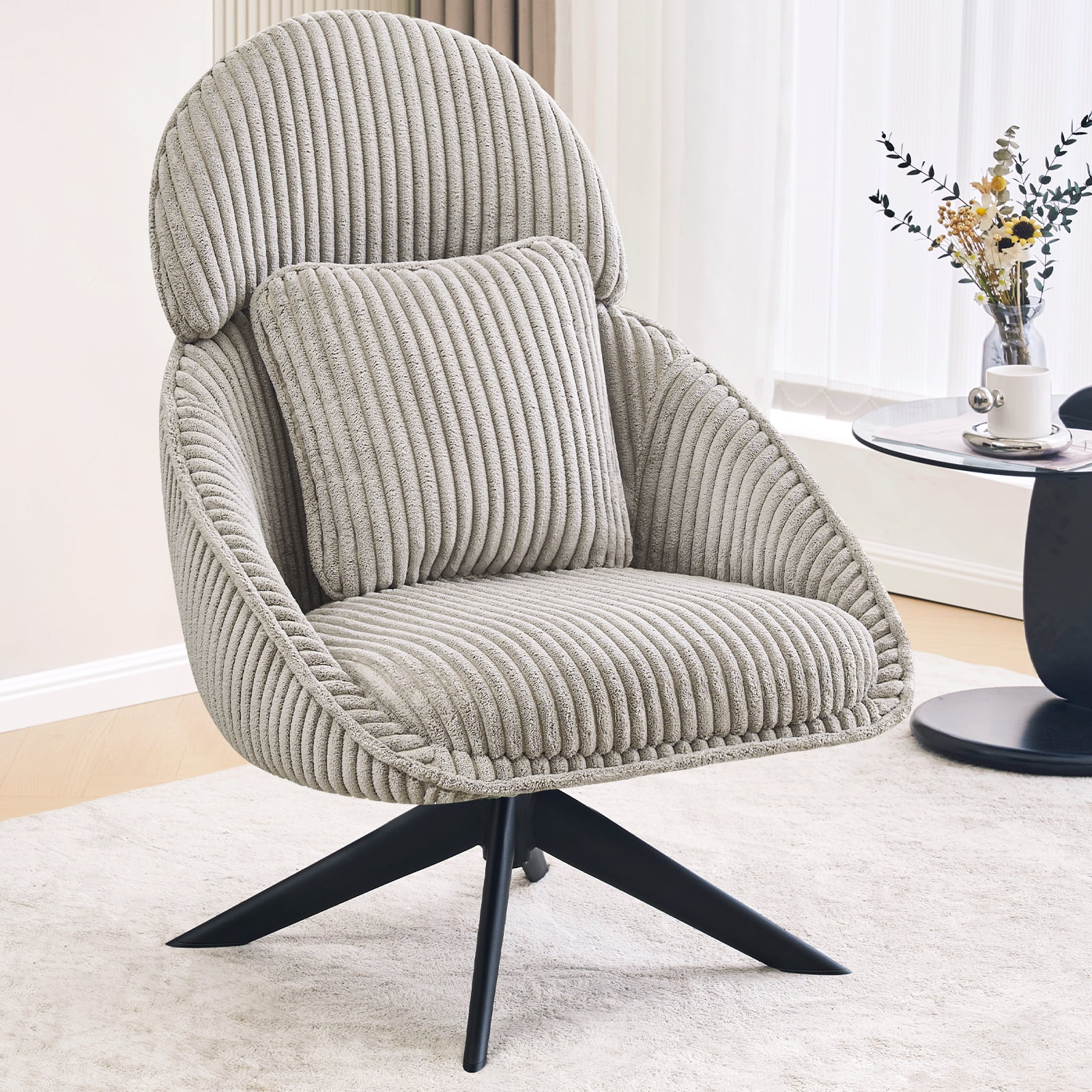 Furniliving Swivel Accent Chair with Pillow Corduroy Comfy Lounge Chair ...