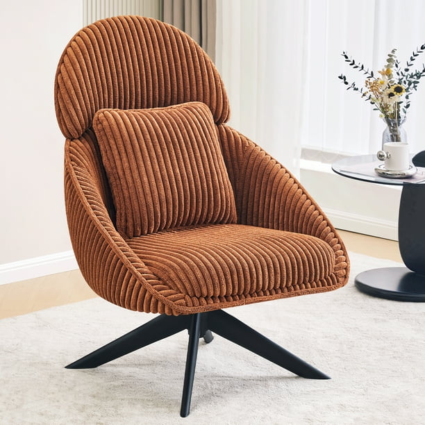 Furniliving Swivel Accent Chair with Pillow Corduroy Comfy Lounge Chair Lazy Chair for Living Room Bedroom Orange