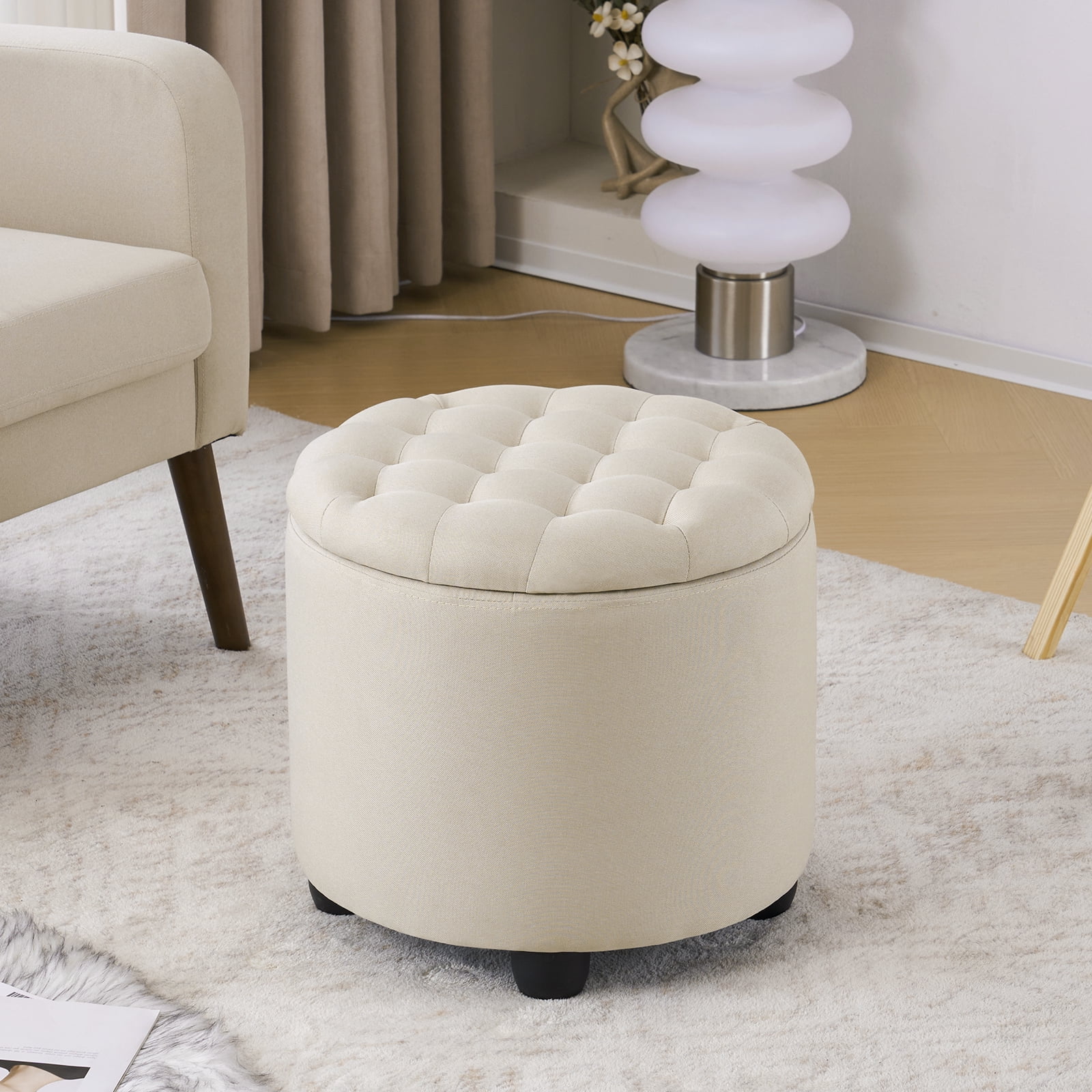 Furniliving Upholstered Round Storage Ottoman Large Tufted Ottoman with ...