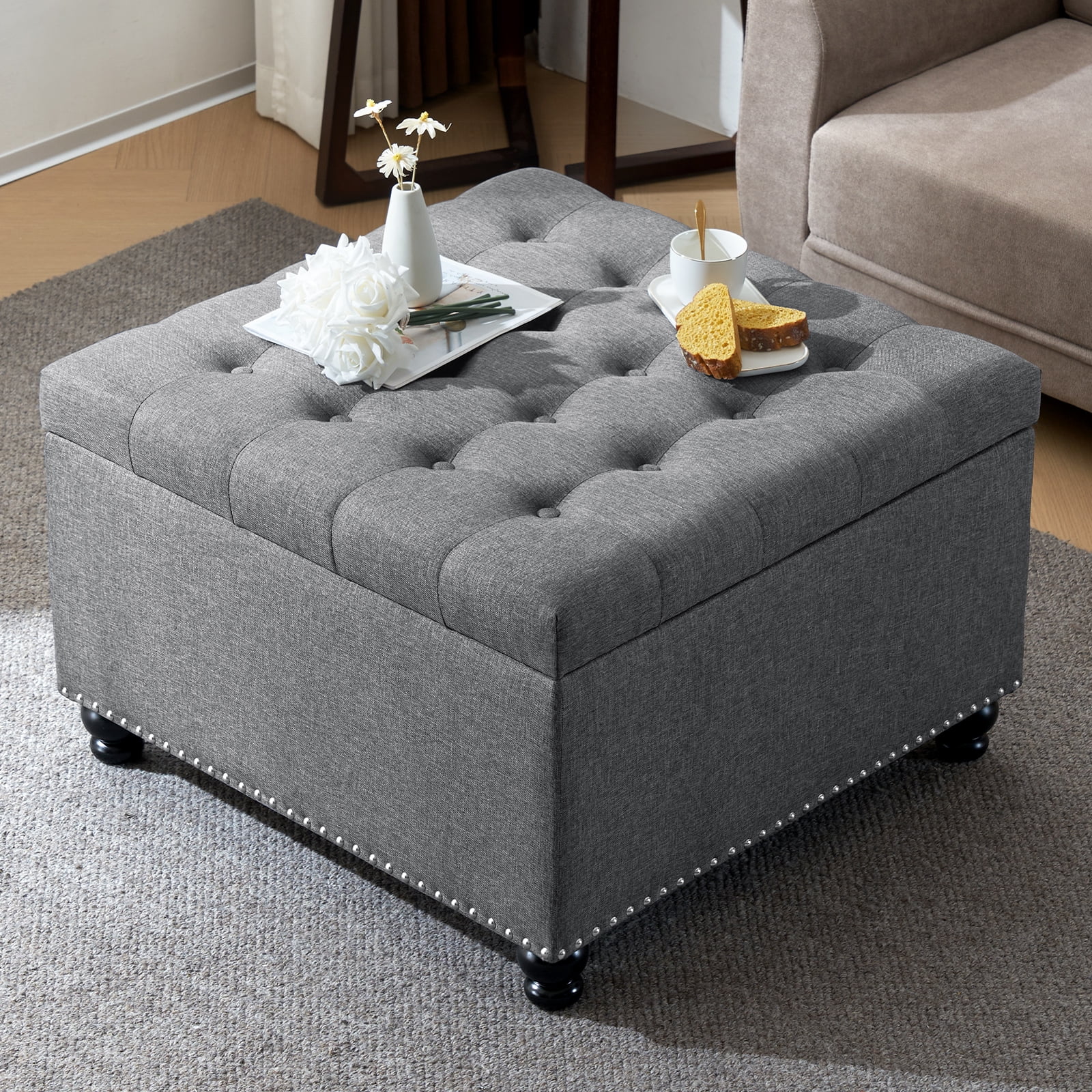 Furniliving Large Upholstered Tufted Storage Ottoman for Living Room ...
