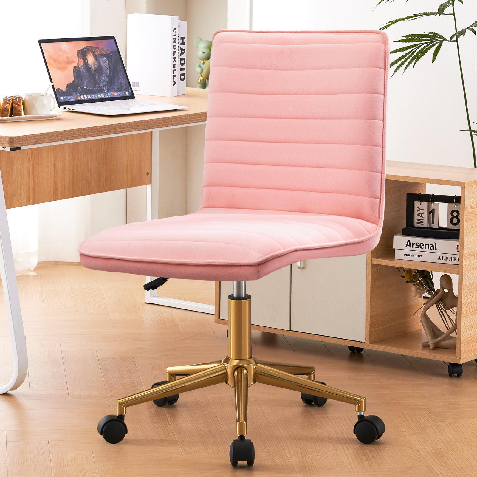 Furniliving Velvet Mid-Back Desk Chair with Wheels, Swivel Adjustable ...