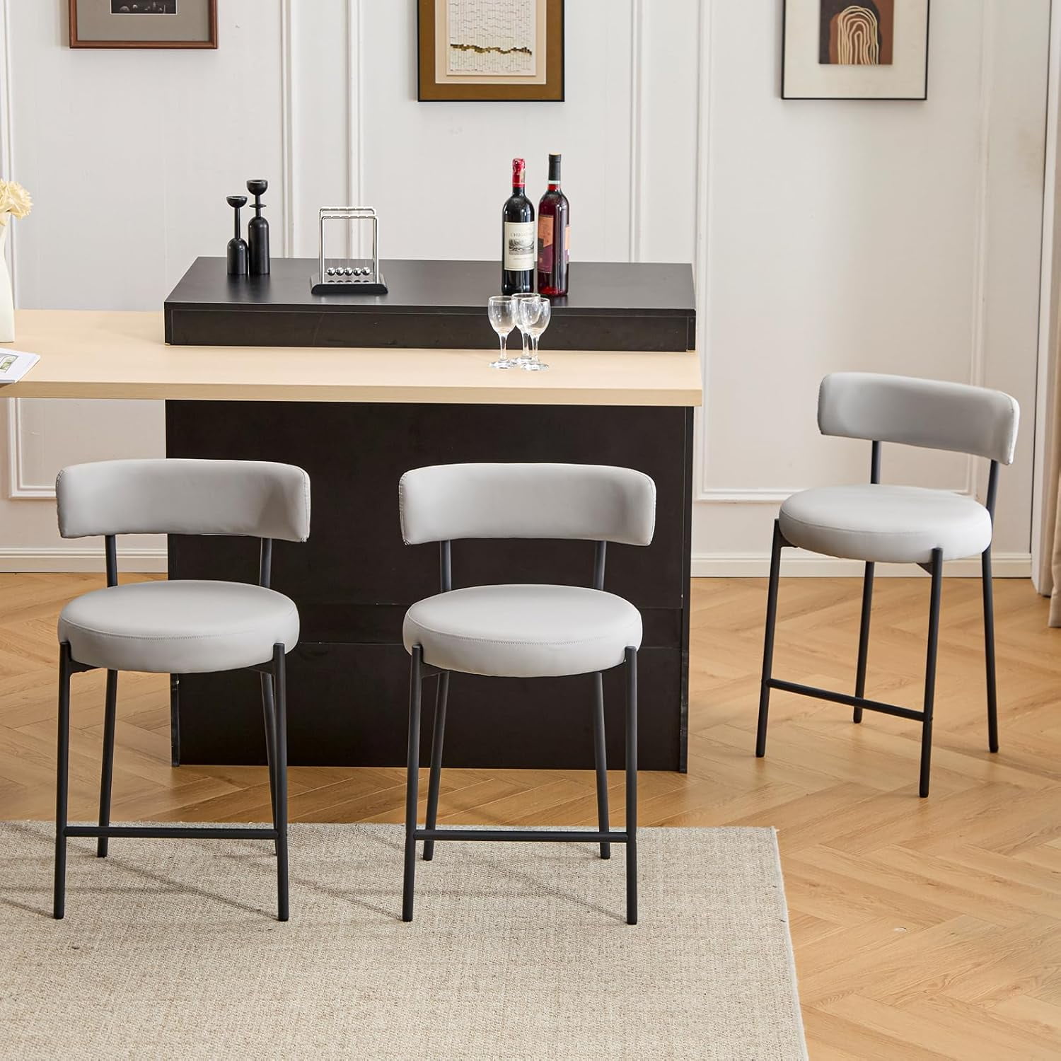 Furnilivng 24'' Bar Stools Set of 3, Modern PU Leather Counter Height ...