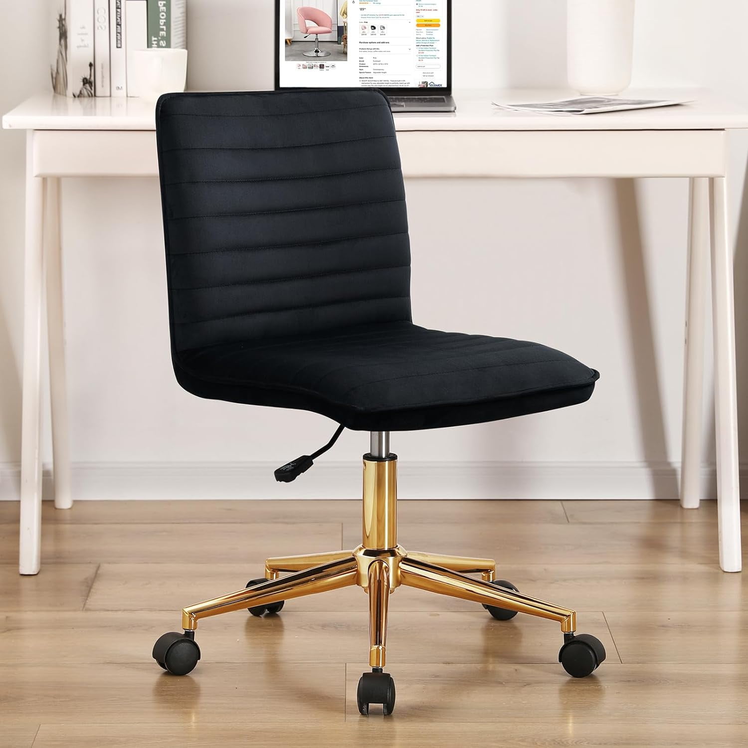 Furnimart Black Swivel Armless Desk Chair with Wheels, Small Velvet ...