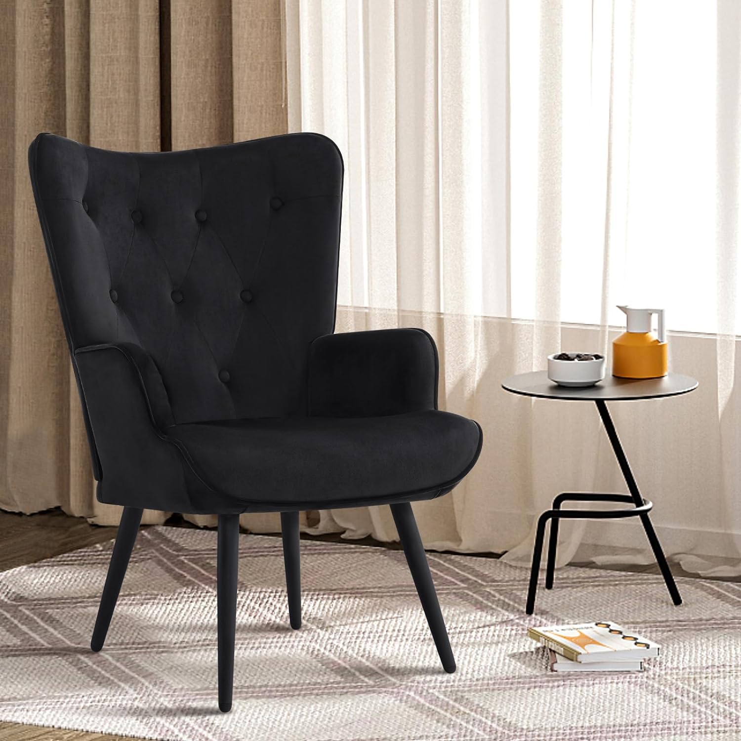 Furnimart Black Velvet Accent Chair Mid Century Modern Living Room ...