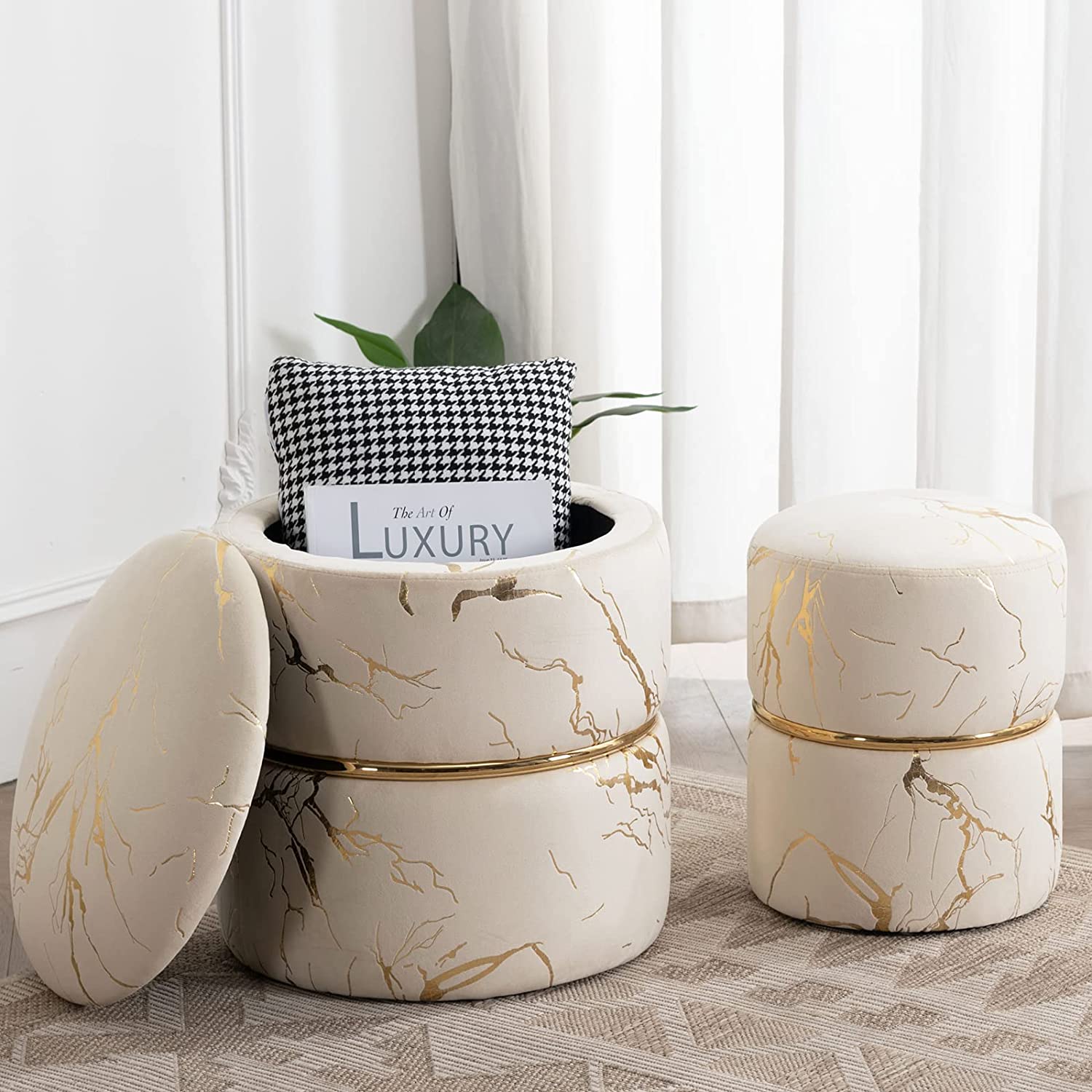 Furnimart Bronzing Velvet Upholstered Round Storage Footstool Ottoman ...