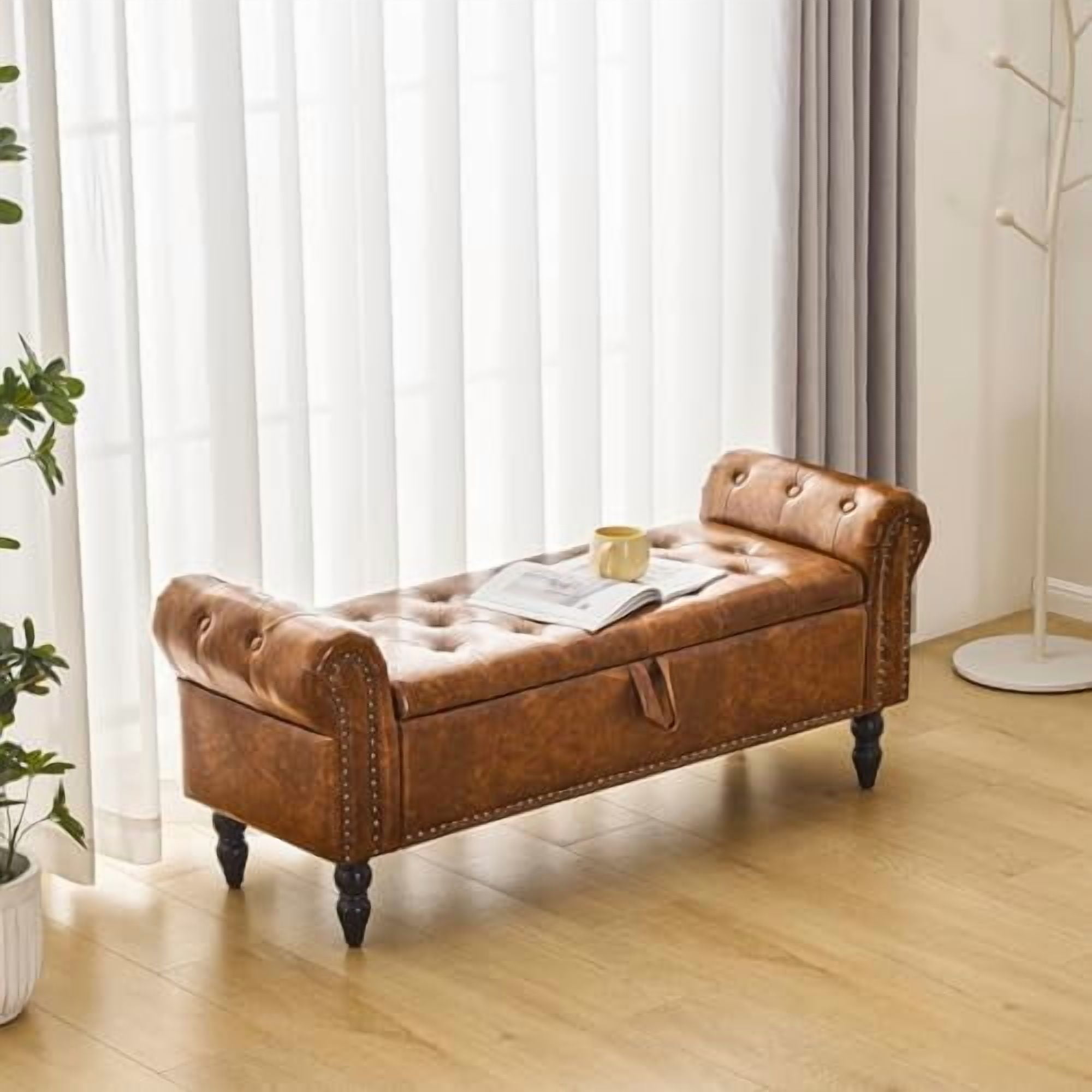 Furnimart Storage Bedroom Bench for End of Bed, Faux Leather Upholstered Storage Ottoman with ...