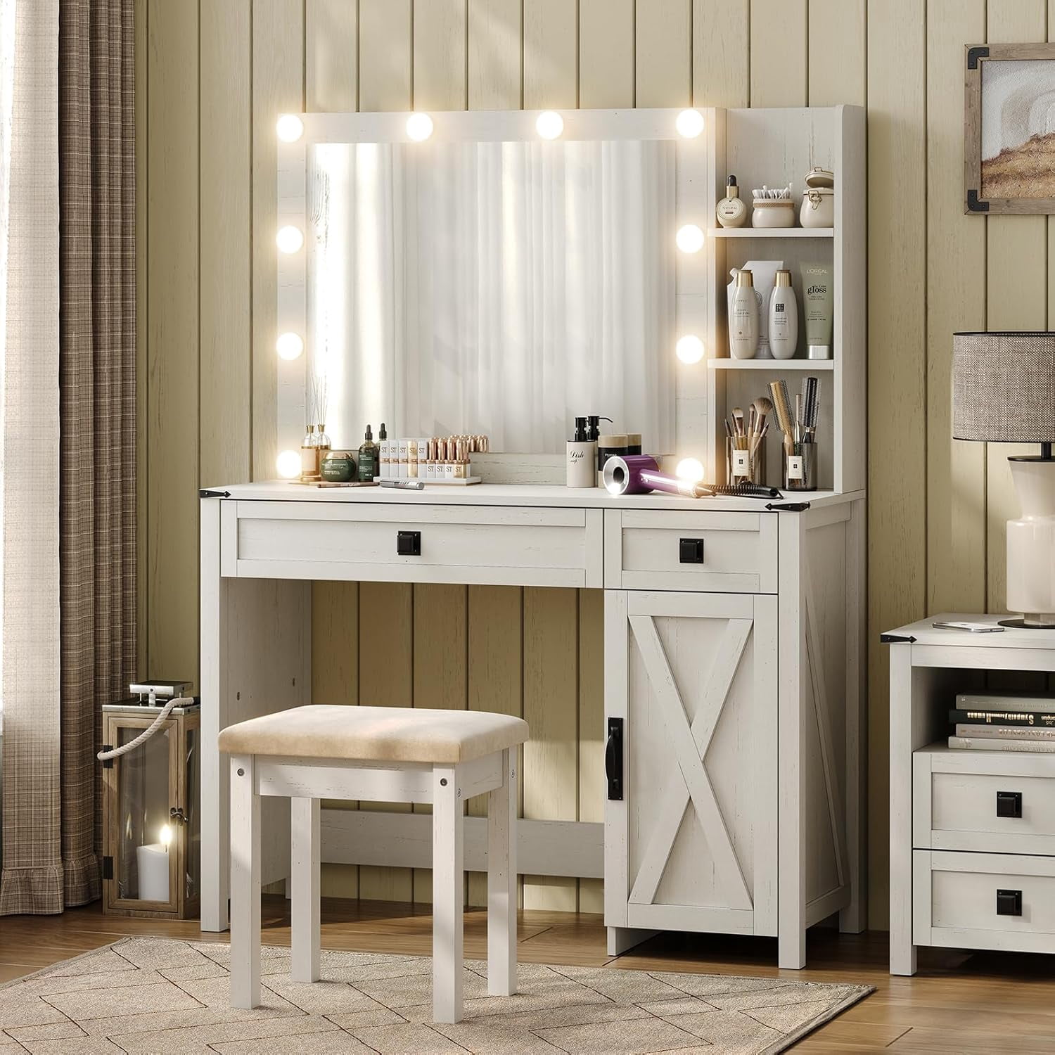 Furniouse 42" Large Makeup Vanity Desk with Mirror and Lights, Ample ...