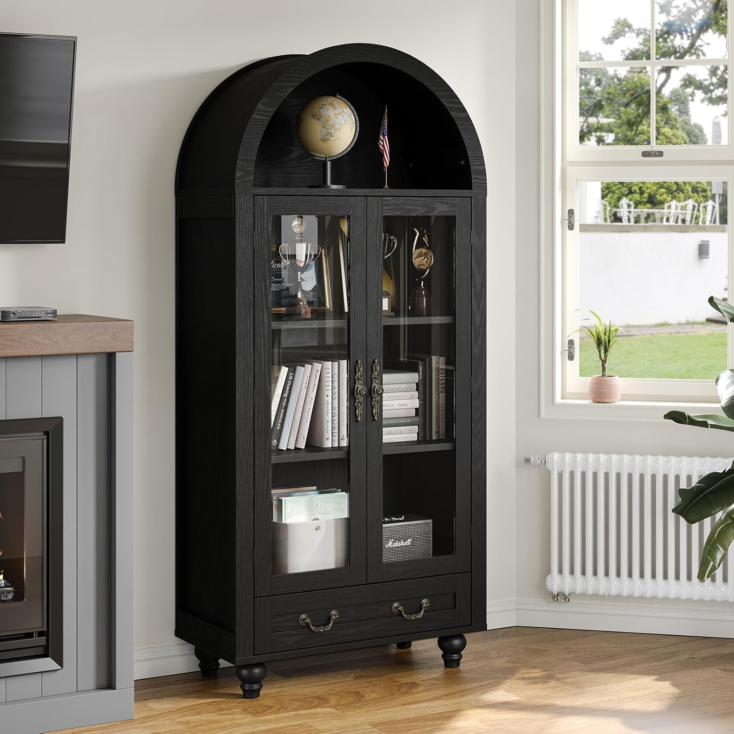 Furniouse 70.2" Farmhouse Tall Arched Storage Cabinet with Glass Doors ...