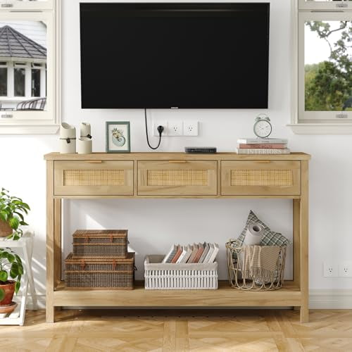 Furniouse Rattan Sofa Table Narrow Long Boho Entryway Table with 3 ...
