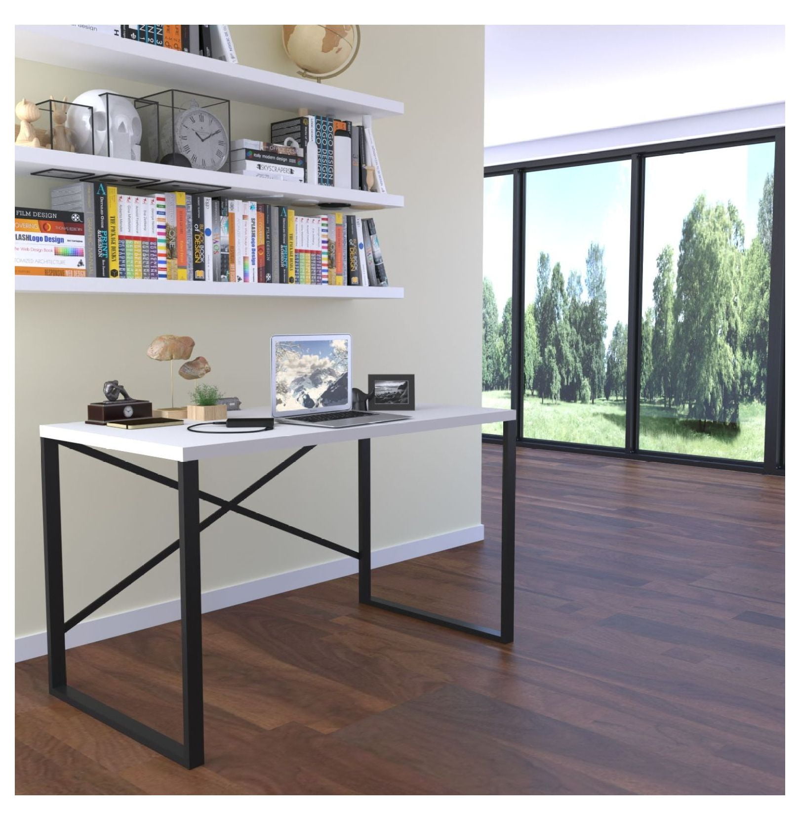 Furnish Home Store Lator Black Metal Frame 35" Wooden Top Small Writing ...