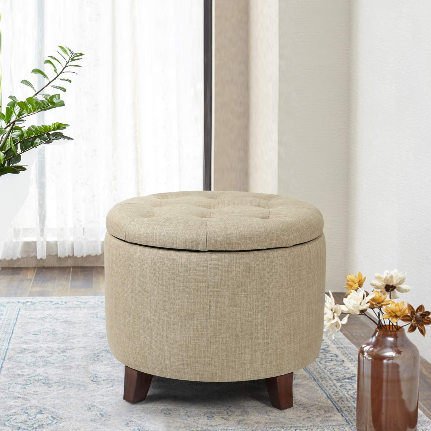 Furnistar Round Storage Ottoman, Fabric Button Tufted Ottoman with ...