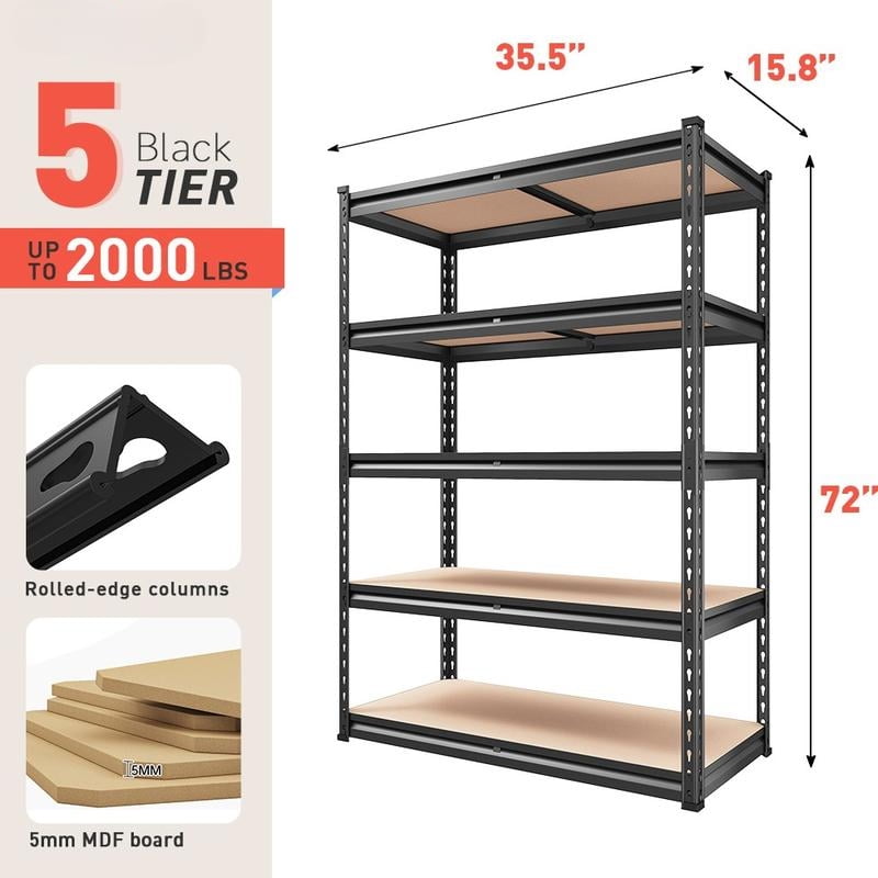 Furniture 72" H Adjustable 5 Tier Metal Storage Shelving,Loading 1600 ...