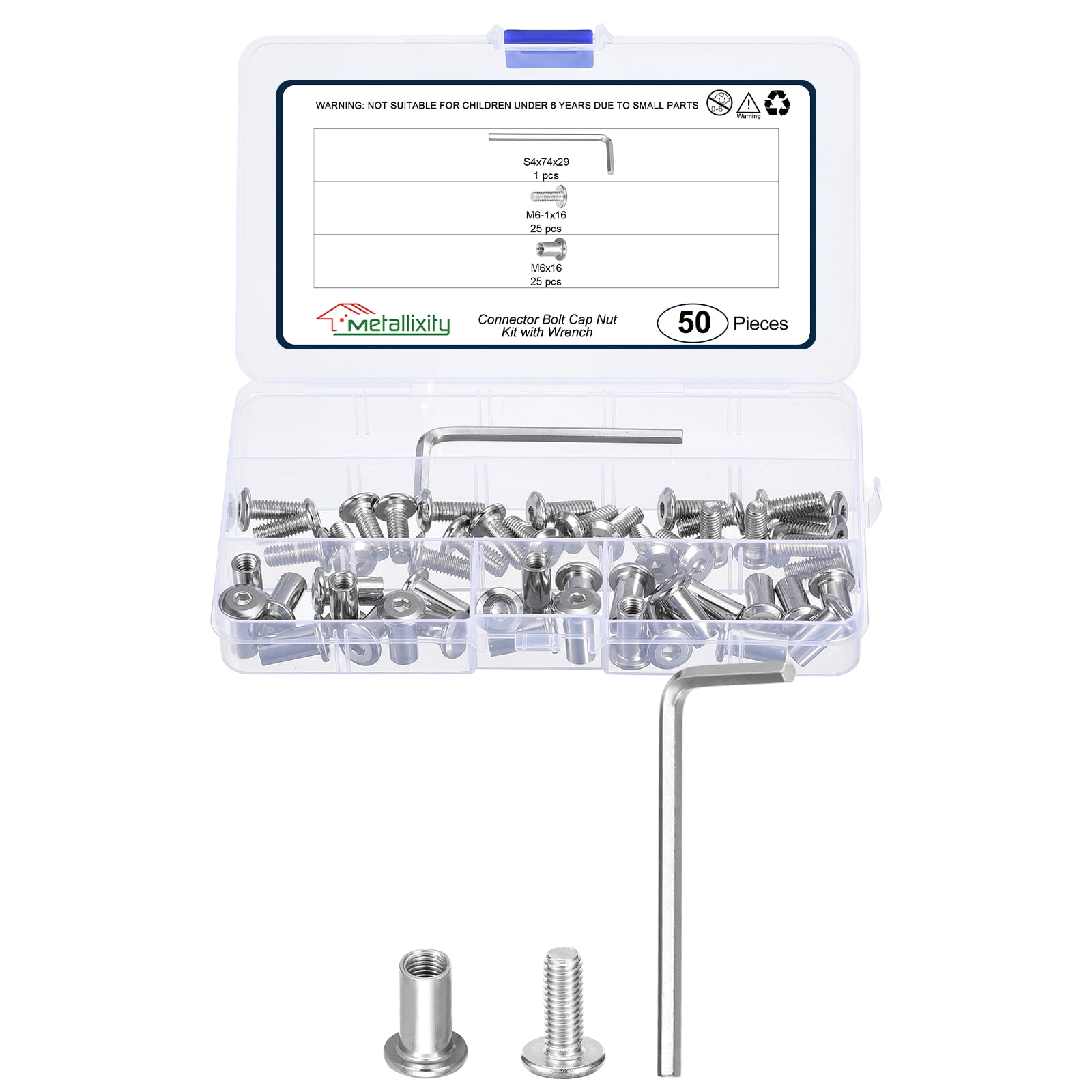 Furniture Connector Bolt Cap Nut Kit with Wrench(M6-1x16mm) 50Pcs ...