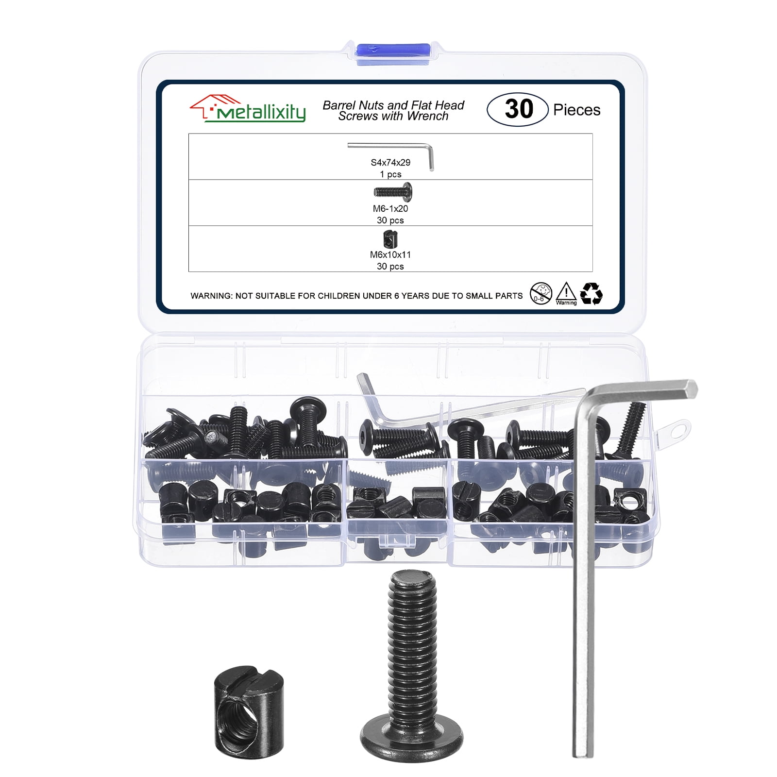 Furniture Connector Bolt Cap Nut Kit with Wrench(M6-1x20mm) 30Pcs ...