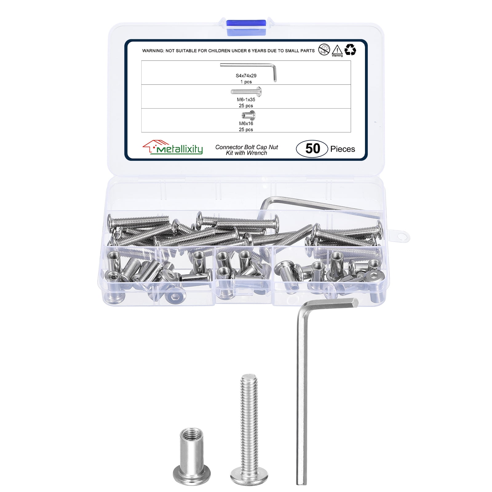 Furniture Connector Bolt Cap Nut Kit with Wrench(M6-1x35mm) 50Pcs ...