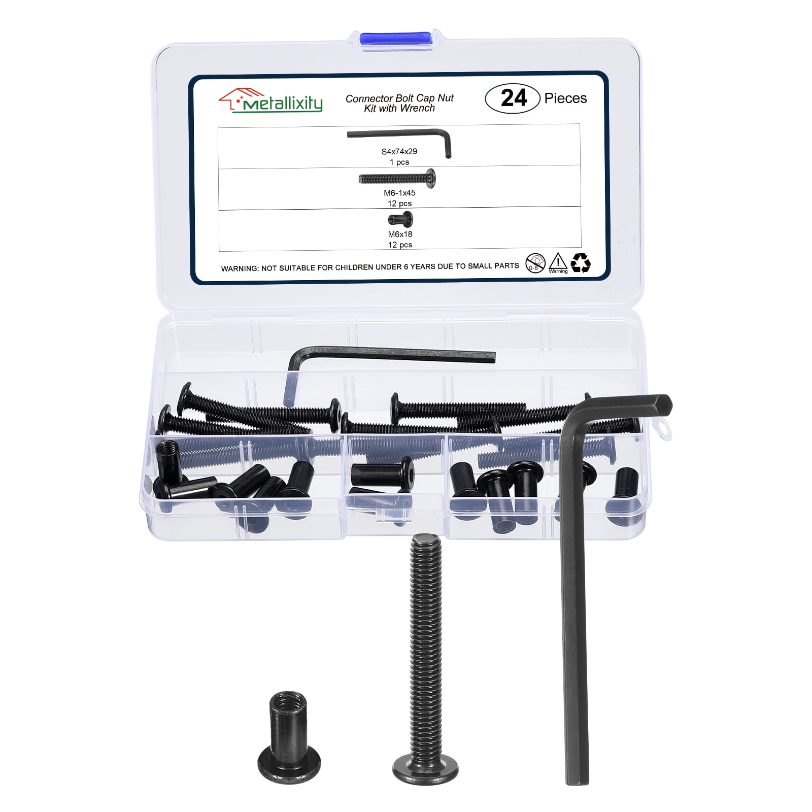 Furniture Connector Bolt Cap Nut Kit with Wrench(M6-1x45mm) 24Pcs ...