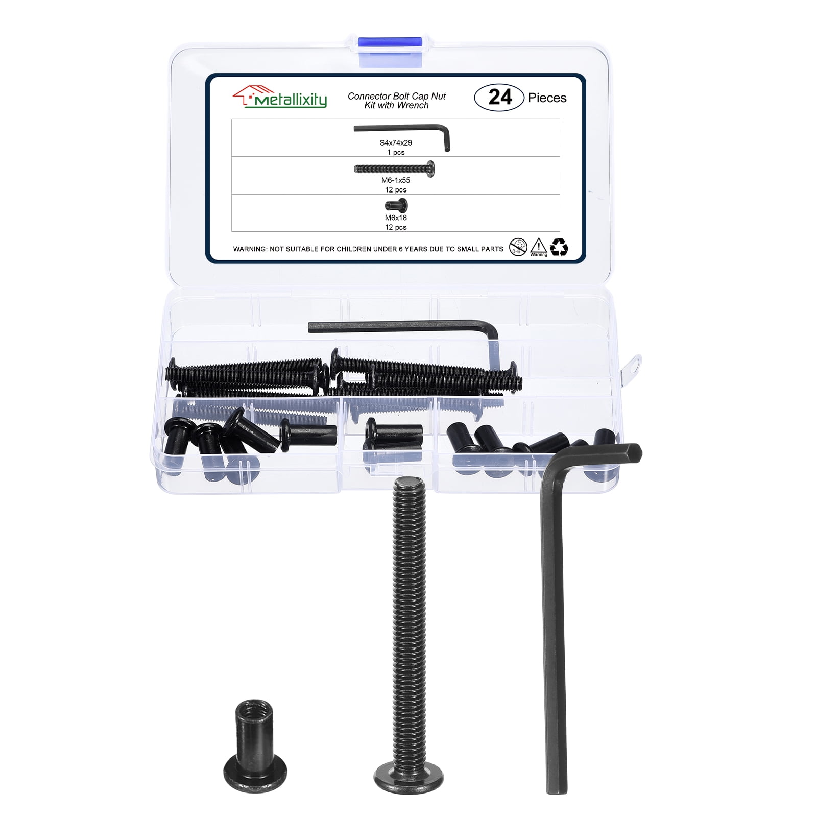 Furniture Connector Bolt Cap Nut Kit with Wrench(M6-1x55mm) 24Pcs ...