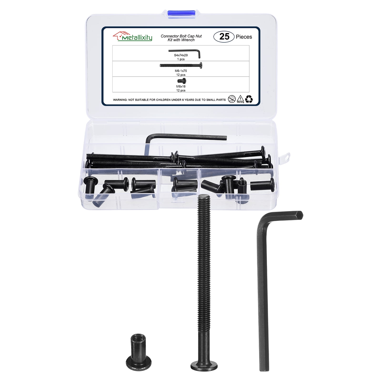 Furniture Connector Bolt Cap Nut Kit with Wrench(M6-1x75mm) 25Pcs ...