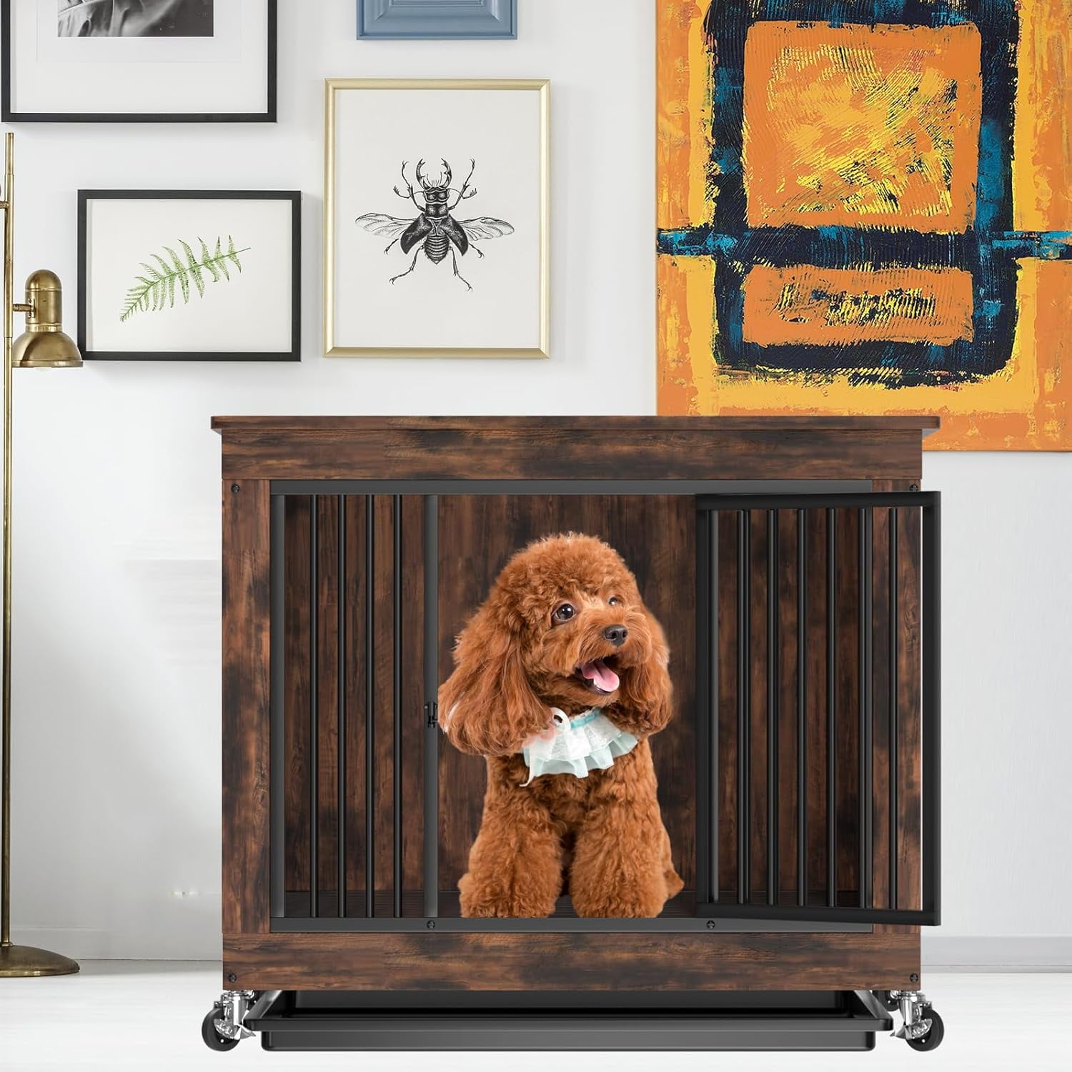 Furniture Dog Crate End Table with Removable Top, Rustic Brown Indoor ...
