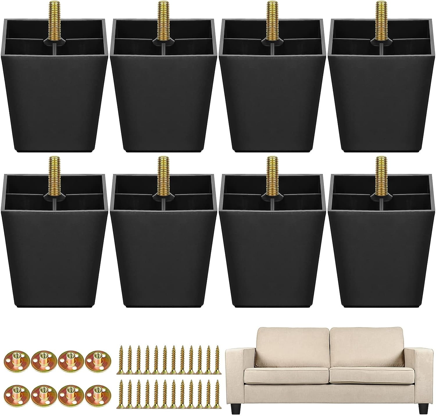8 Pack Black 3 Inch Plastic Furniture Legs, Square Tapered Feet with M8 ...