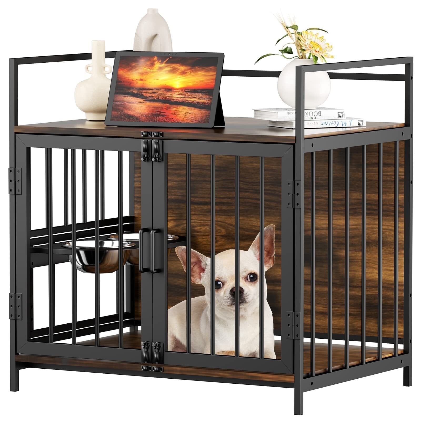 Furniture Style 32 inch Large Dog Crate with 360° & Adjustable Raised ...