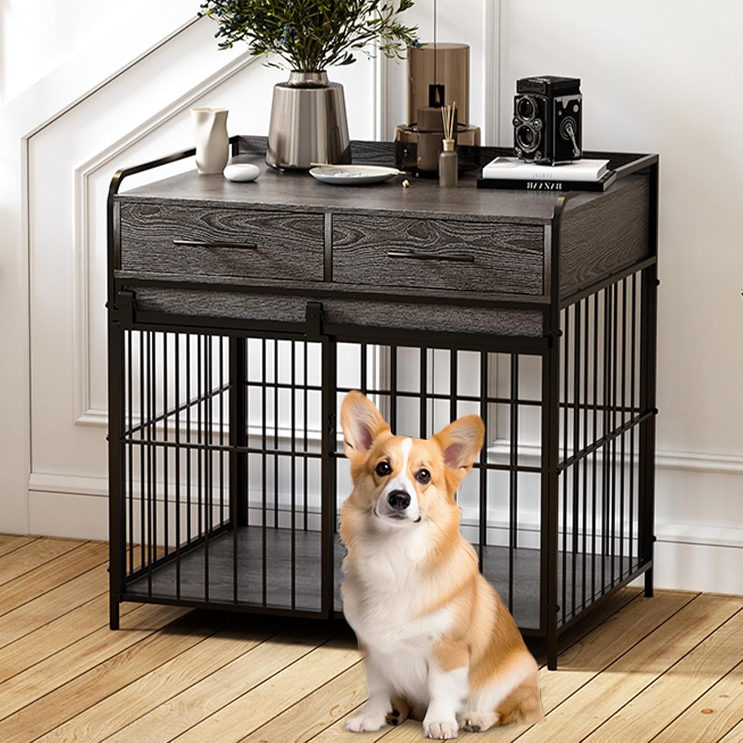 Furniture Style Dog Crate with 2 Drawers, Dog Kennel Medium, Heavy Duty ...