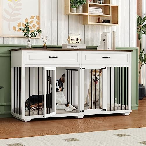 Furniture Style Dog Crate, 72" Large Wooden Dog Kennel with Drawers & Divider, Heavy Duty Indoor ...