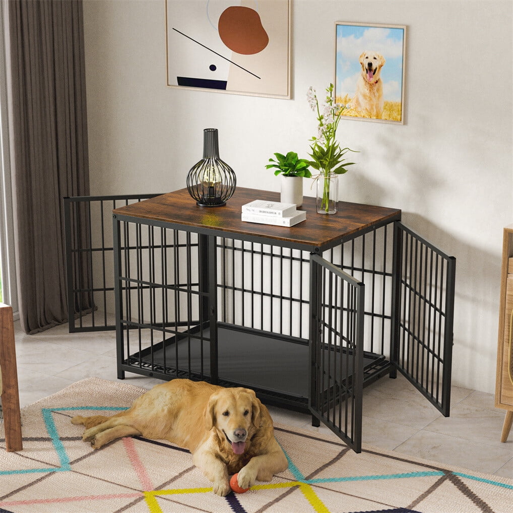 Furniture Style Dog Crate End Table Wooden Metal Pet Kennel Cage Large ...