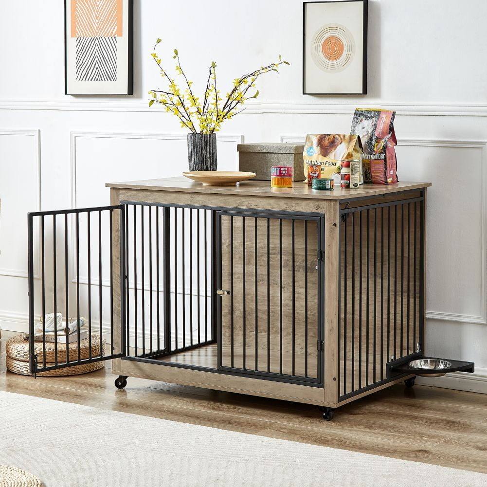 Furniture Style Dog Crate Side Table With Rotatable Feeding Bowl ...