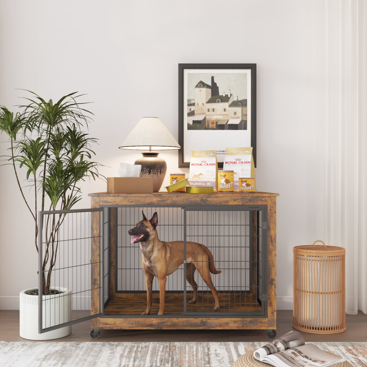 Furniture Style Dog Crate Side Table on Wheels with Double Doors and ...