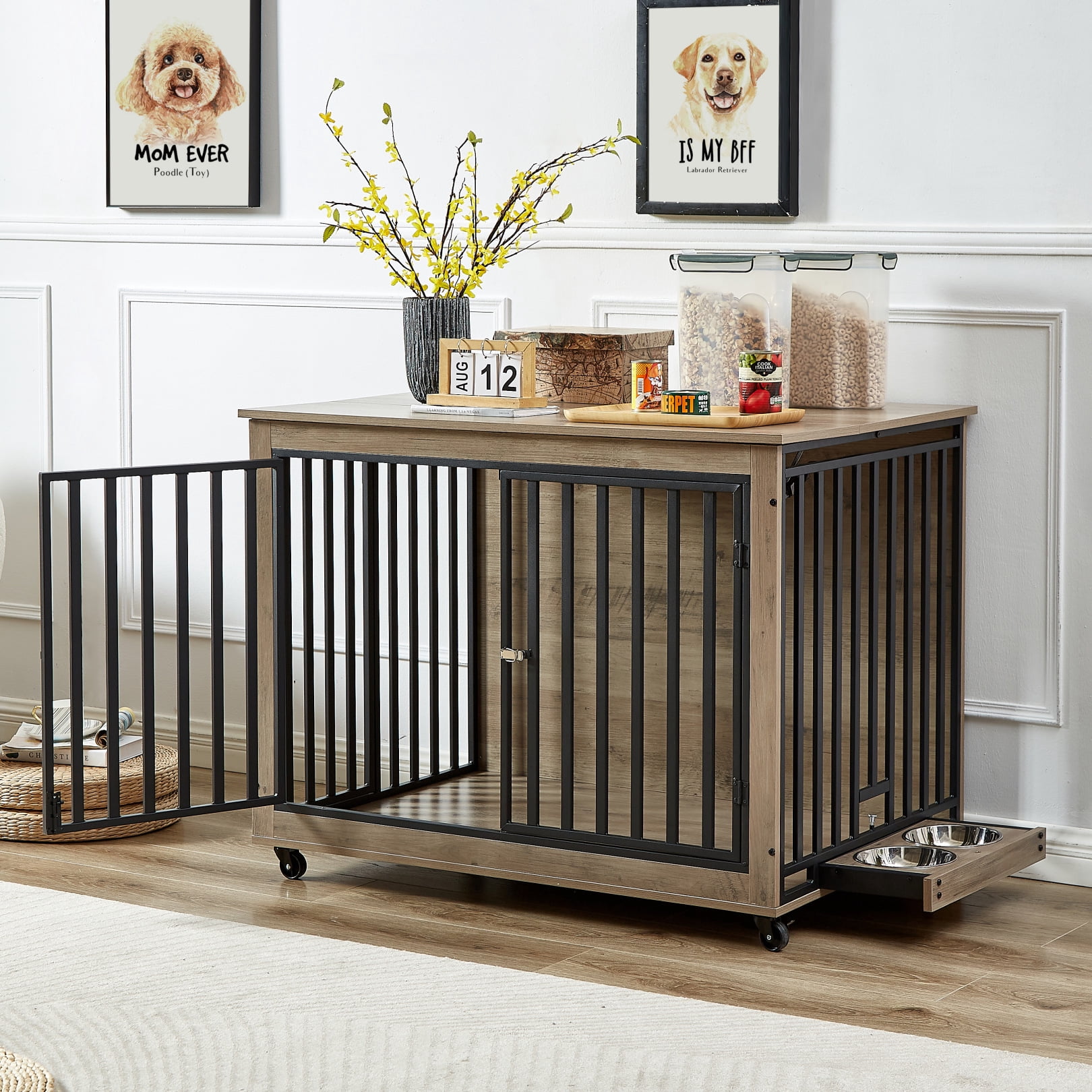 Large End Kennel Table - Dog Crate, Grey, with Feeding Bowl, Wheels, 3 ...