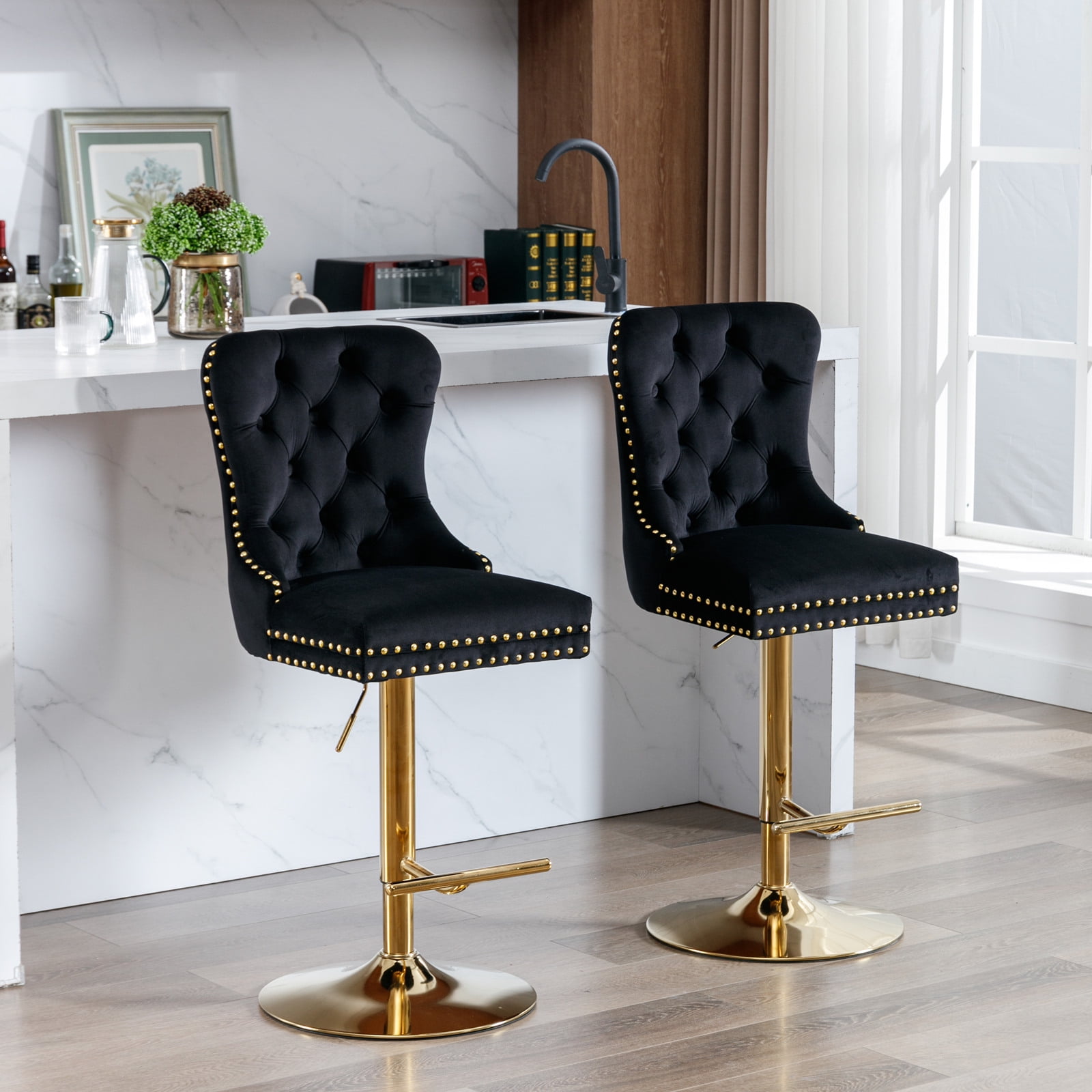 Furniture,Thick Golden Swivel Velvet Barstools Adjusatble Seat Height ...