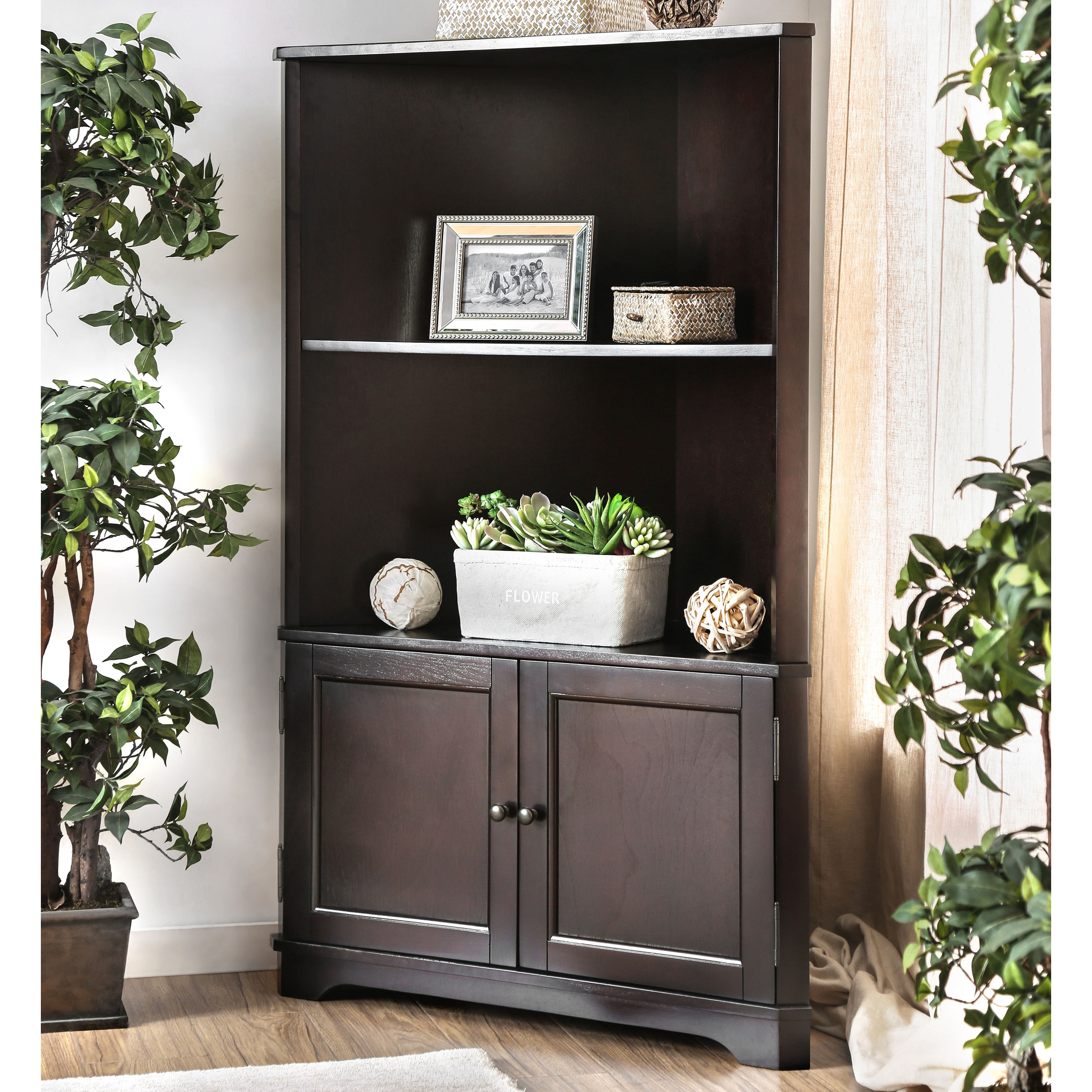 Furniture of America Augusta 2-Shelf Wood Espresso Corner Bookshelf ...