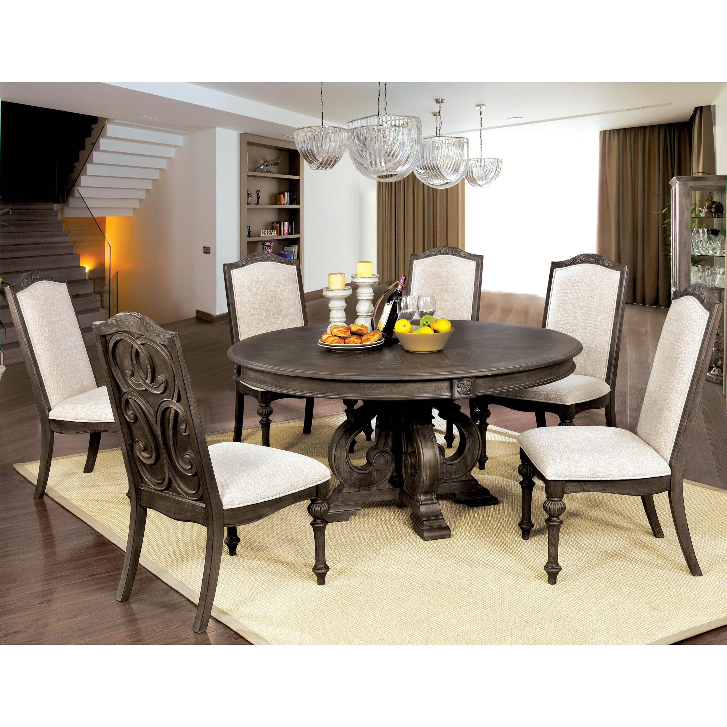 Furniture of America Clyde Wood 7-Piece Round Dining Table Set in ...