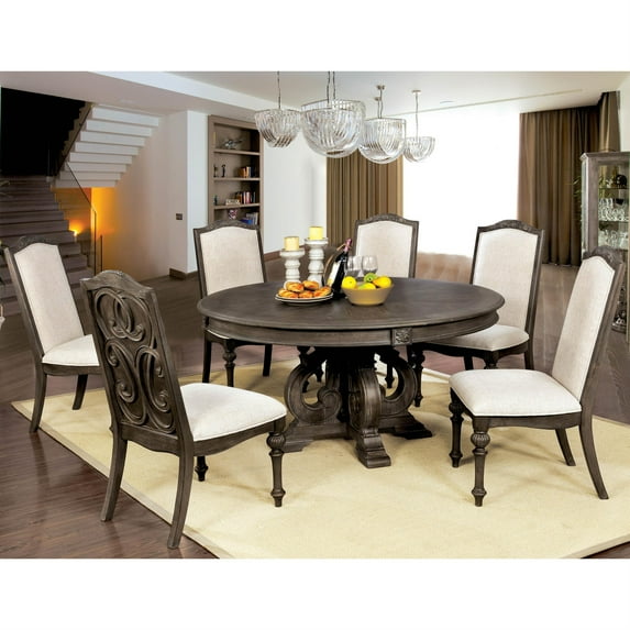 Furniture of America Clyde Wood 7-Piece Round Dining Table Set in ...