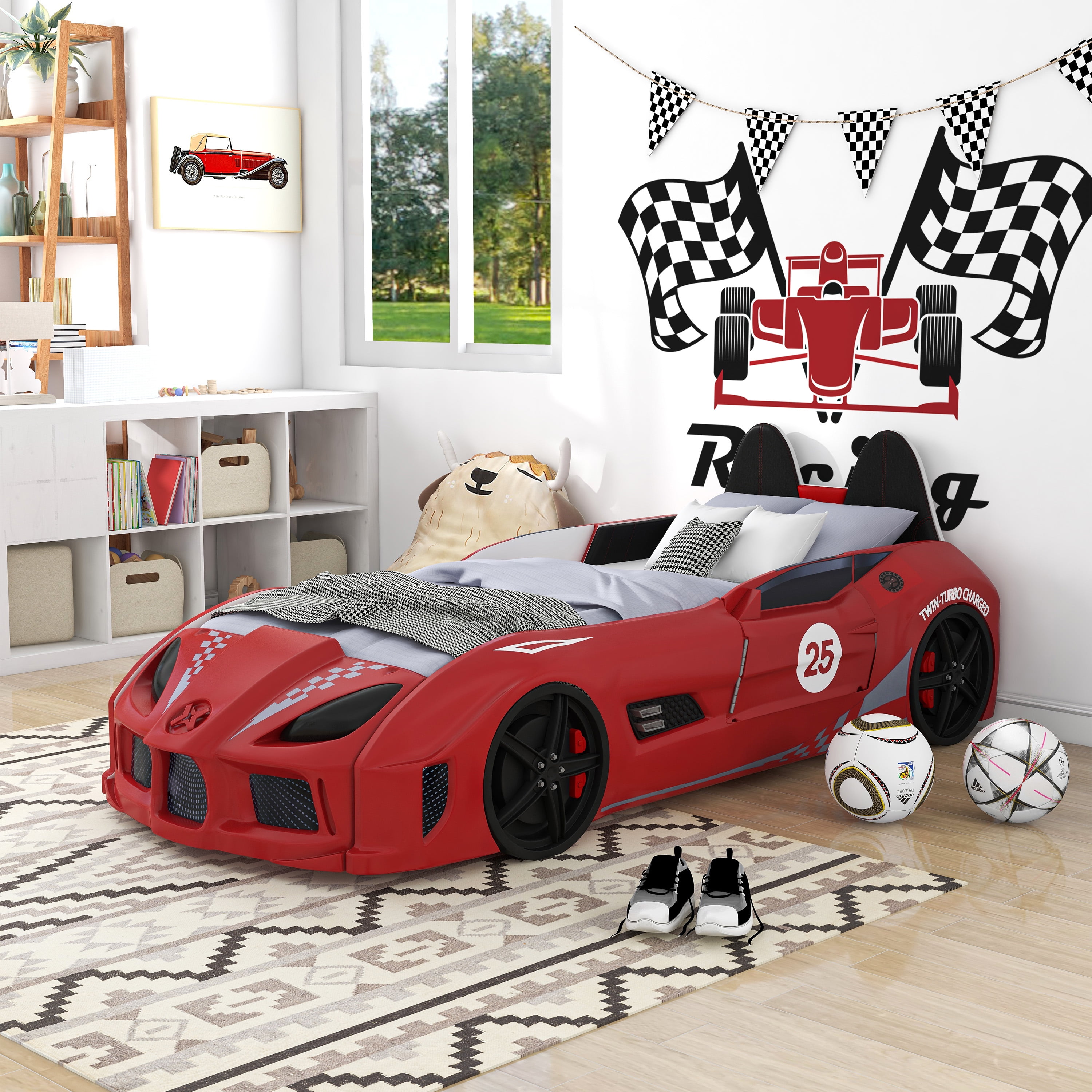 Furniture of America Dash Kids Plastic Twin Race Car Bed with LED and ...