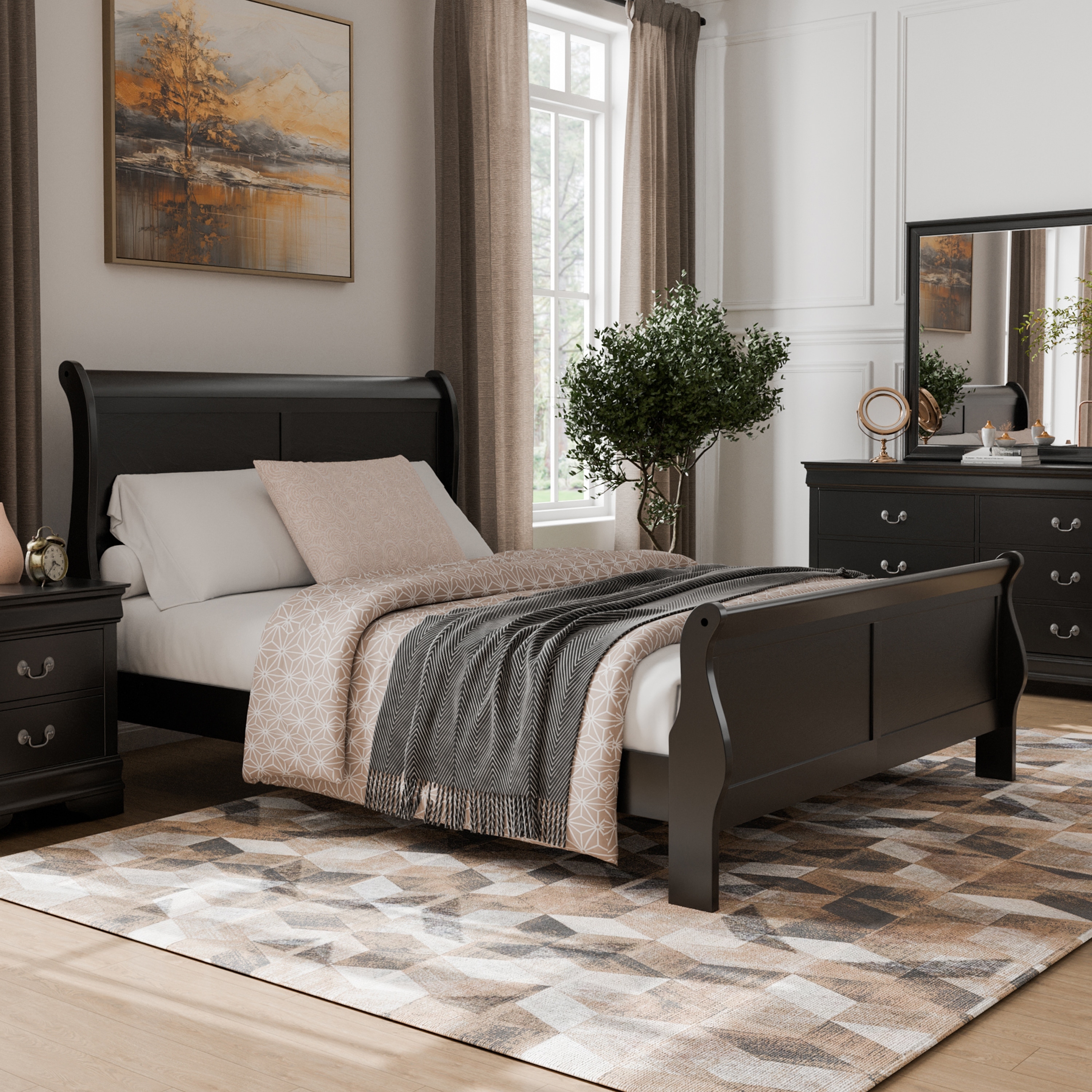 Furniture of America Devi Traditional Solid Wood Sleigh Bed Black King ...