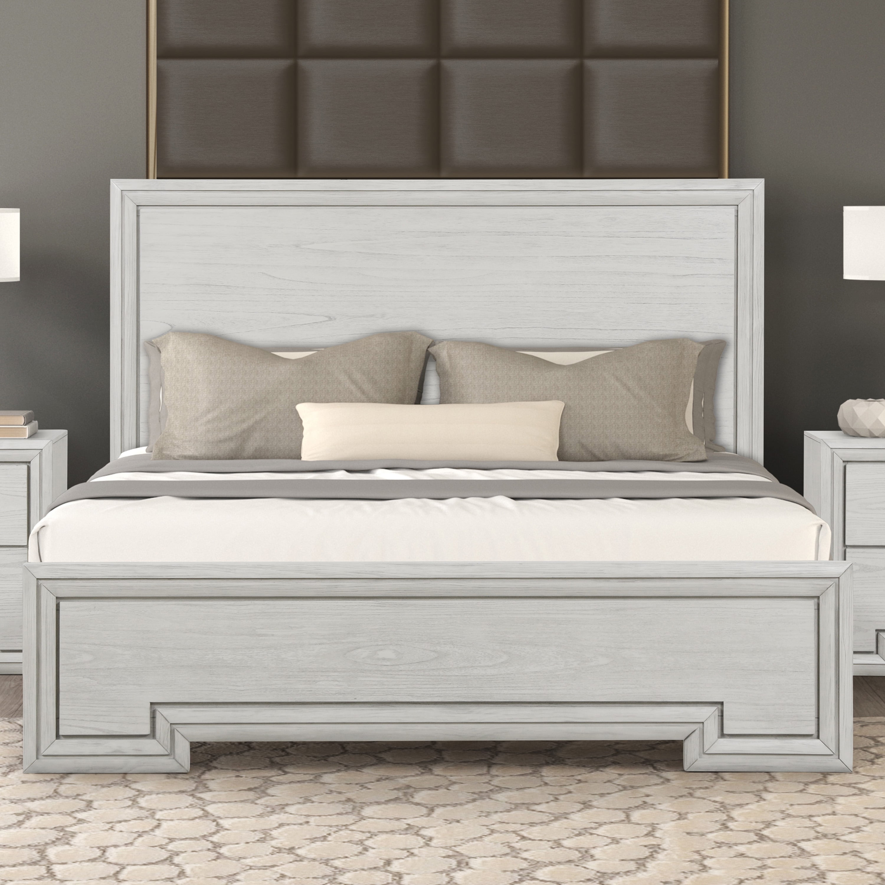 Furniture of America Elres Solid Wood Panel Bed, Queen, Rustic White ...