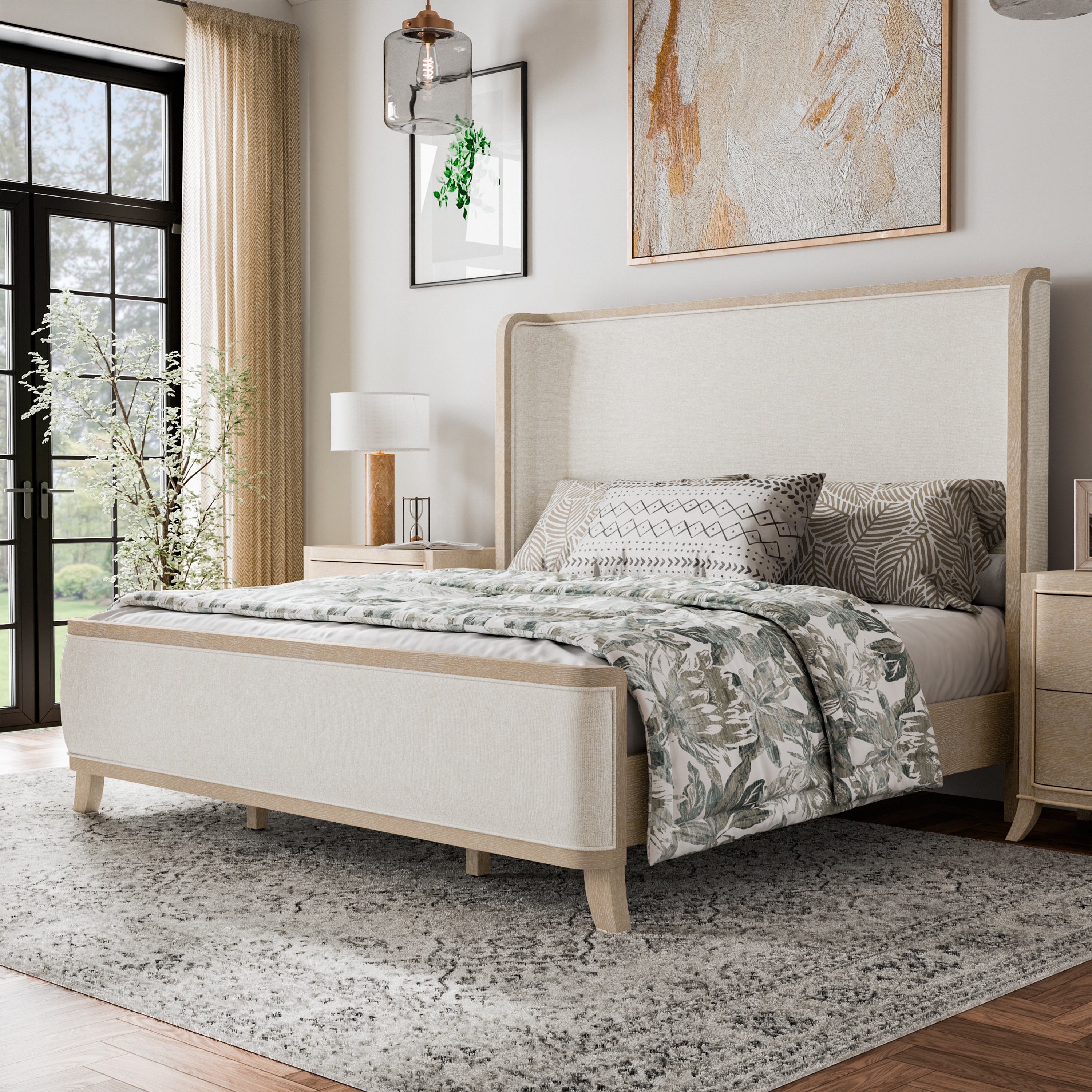 Furniture of America Enmi Solid Wood Wingback Panel Bed, Queen, Natural ...