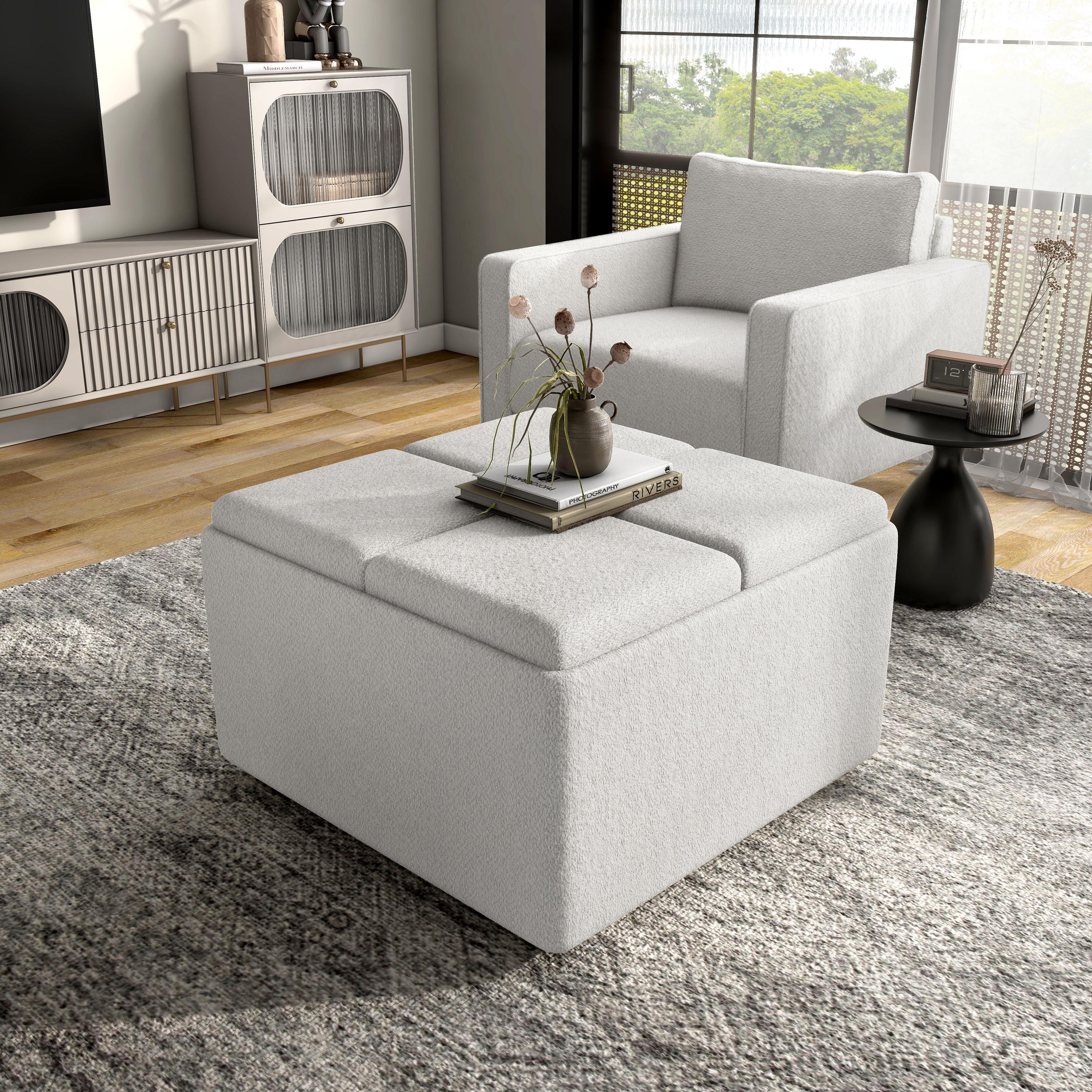 Furniture of America Era Square Storage Boucle Fabric White Ottoman ...