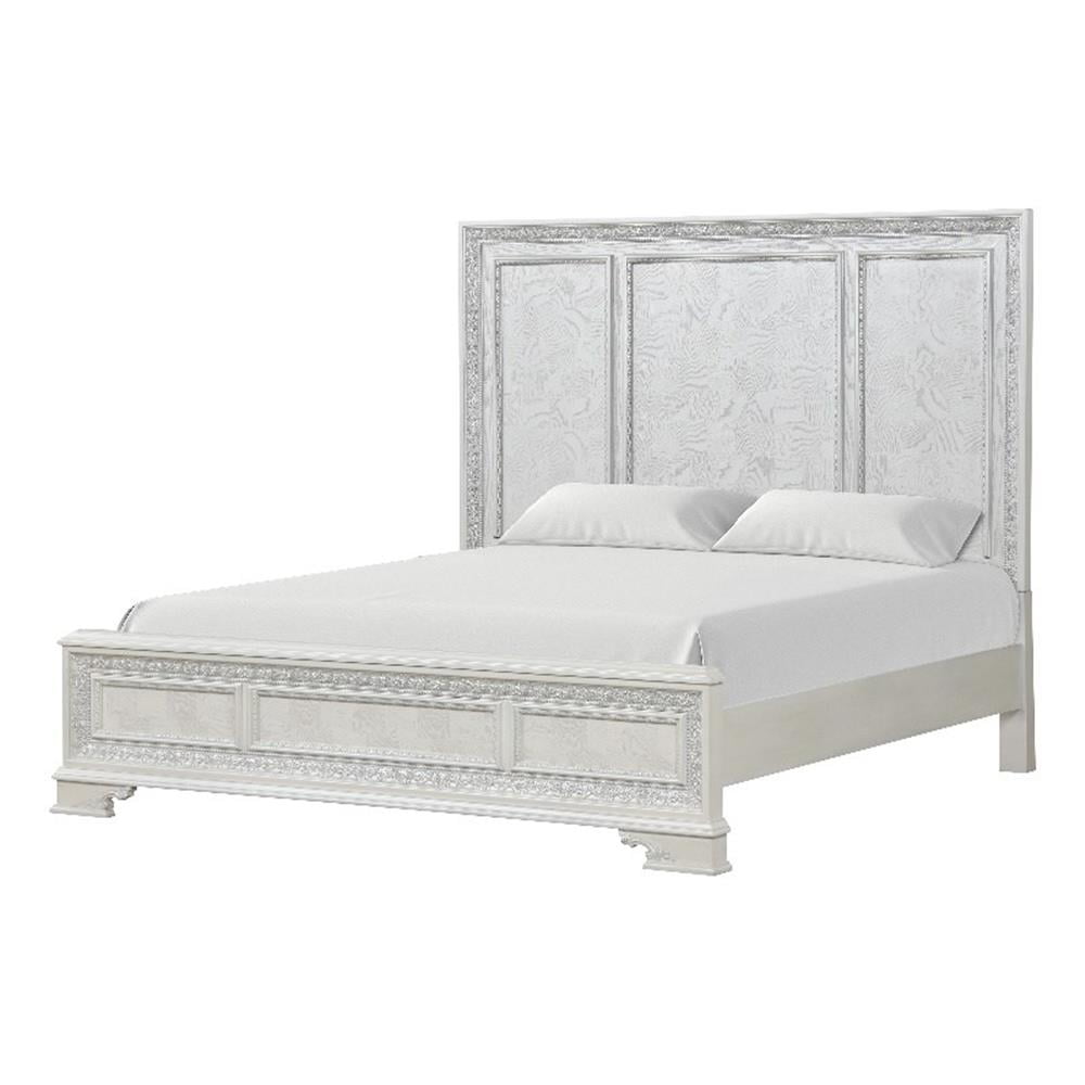 Furniture of America Gelbero Wood Panel Ornate Accent King Bed in White ...