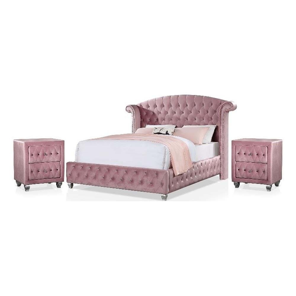 Furniture of America Gijit 3pc Pink Fabric Bedroom Set - Queen + 2 ...